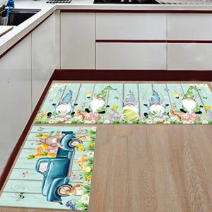 2 Piece Easter Day Kitchen Rug Set Easter Bunny Indoor Floor Mats for Spring Summer, Gnomes Mat Runner Rug Carpet Mat for Kitchen Home Decor (15.7" x 23.6"+15.7" x 47.2") - Easter Eggs Truck Rabbit