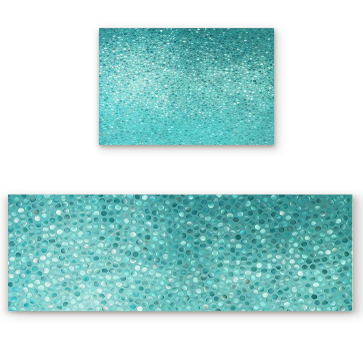 2 Pcs Kitchen Mats Runner Rug Set Anti Fatigue Standing Mat Rubber Backing Small Turquoise Dot Tiles Shape Simple Creative Design Print Washable Floor Mat Area Rug for Home/Office