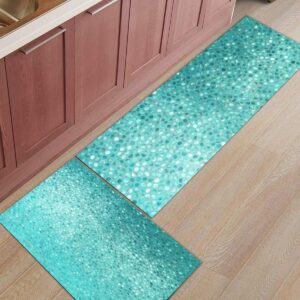 2 Pcs Kitchen Mats Runner Rug Set Anti Fatigue Standing Mat Rubber Backing Small Turquoise Dot Tiles Shape Simple Creative Design Print Washable Floor Mat Area Rug for Home/Office