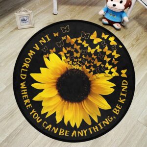 Funny Sunflower in A World Where You Can Be Anything Be Kind Round Area Rug Welcome Floor Mat Non-Slip Carpet for Entryway Living Dinning Bedroom Sofa Home Decoration Diameter 80 * 80cm/31 * 31inch