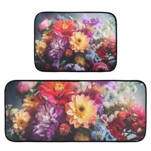 zenwawa kitchen mats 2 pieces set for floor bunch vivid flower print, non skid anti fatigue kitchen rugs cushioned absorbent comfort floor mats for kitchen sink