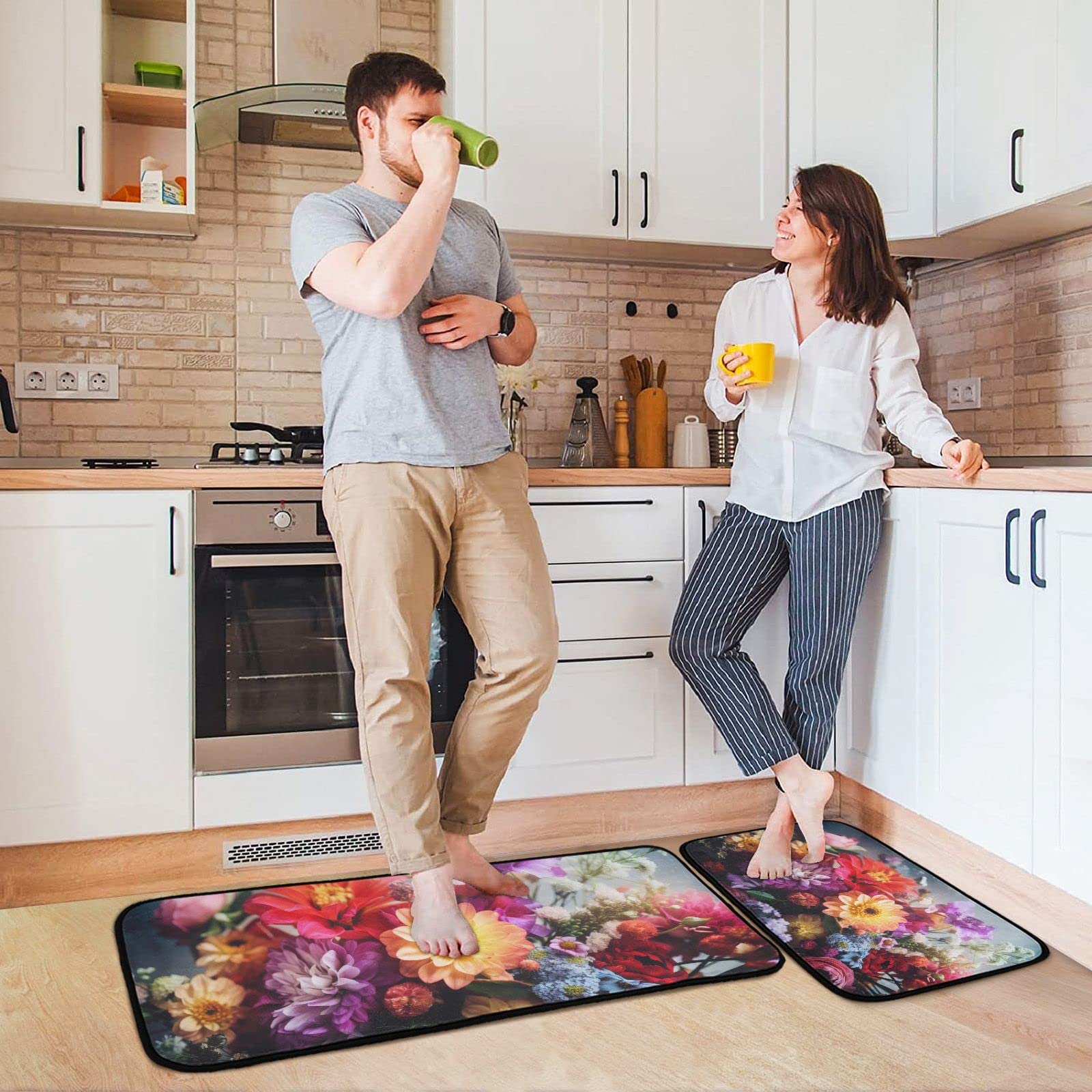 ZENWAWA Kitchen Mats 2 Pieces Set for Floor Bunch Vivid Flower Print, Non Skid Anti Fatigue Kitchen Rugs Cushioned Absorbent Comfort Floor Mats for Kitchen Sink