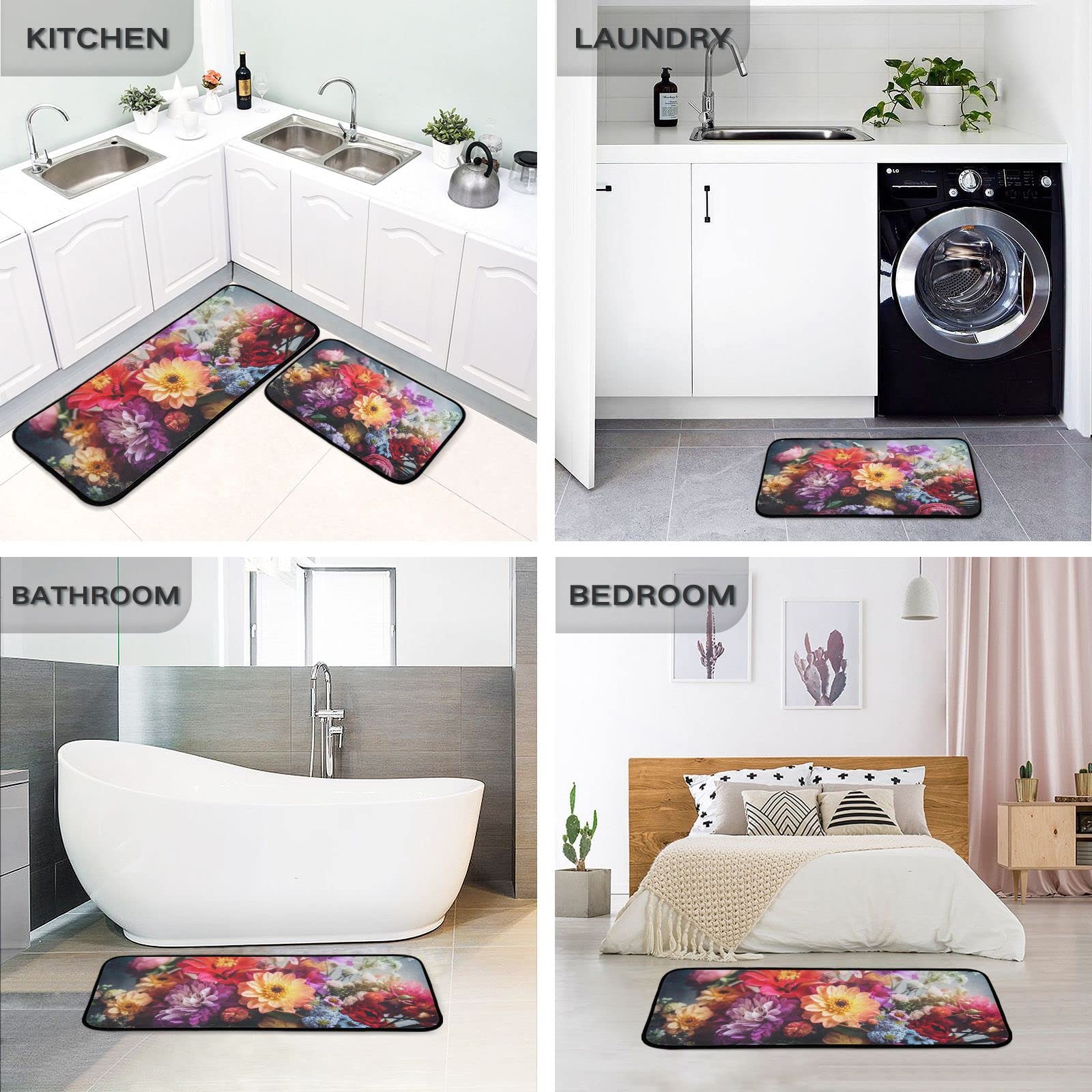 ZENWAWA Kitchen Mats 2 Pieces Set for Floor Bunch Vivid Flower Print, Non Skid Anti Fatigue Kitchen Rugs Cushioned Absorbent Comfort Floor Mats for Kitchen Sink