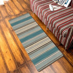 Teal Blue Green Striped Boho Antifatigue Kitchen Bath Door Mat Cushioned Runner Rug,Washable Welcome Floor Sink Mat,Antique Southwestern Native Pattern Tribal Non-Slip Comfort Standing Doormat,18"x30"