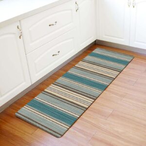 Teal Blue Green Striped Boho Antifatigue Kitchen Bath Door Mat Cushioned Runner Rug,Washable Welcome Floor Sink Mat,Antique Southwestern Native Pattern Tribal Non-Slip Comfort Standing Doormat,18"x30"