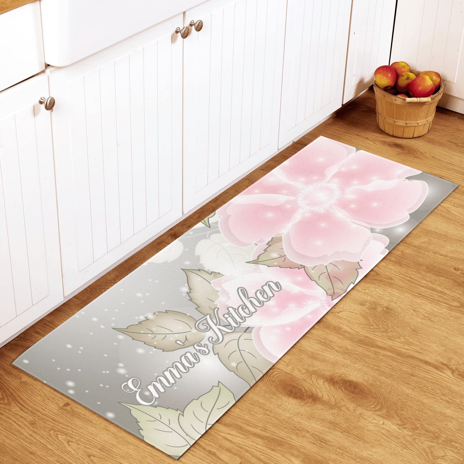 Grandkli Flower Pink Personalized Kitchen Mat Rugs,Non Skid Door Mats for Kitchen Floor,Custom Area Rug for Bathroom Laundry Room Rug Decor 17"X48"