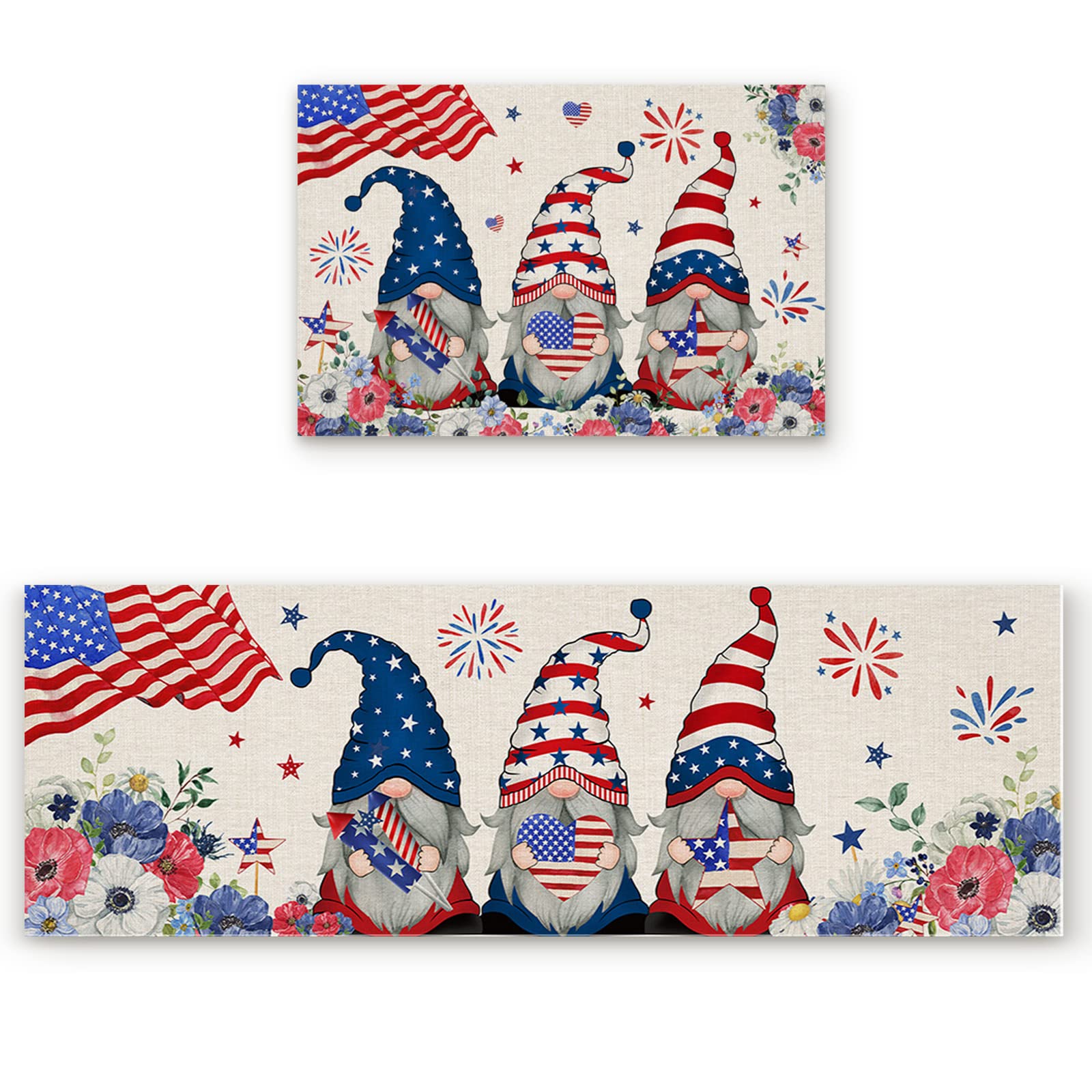 CHARMHOME 2 Pieces Kitchen Rugs and Mats Set Independence Day Cute Gnome Celebrate 4th of July Non-Slip Kitchen Mat Washable Doormat Runner Set(15.7"x23.6"+15.7"x47.2")