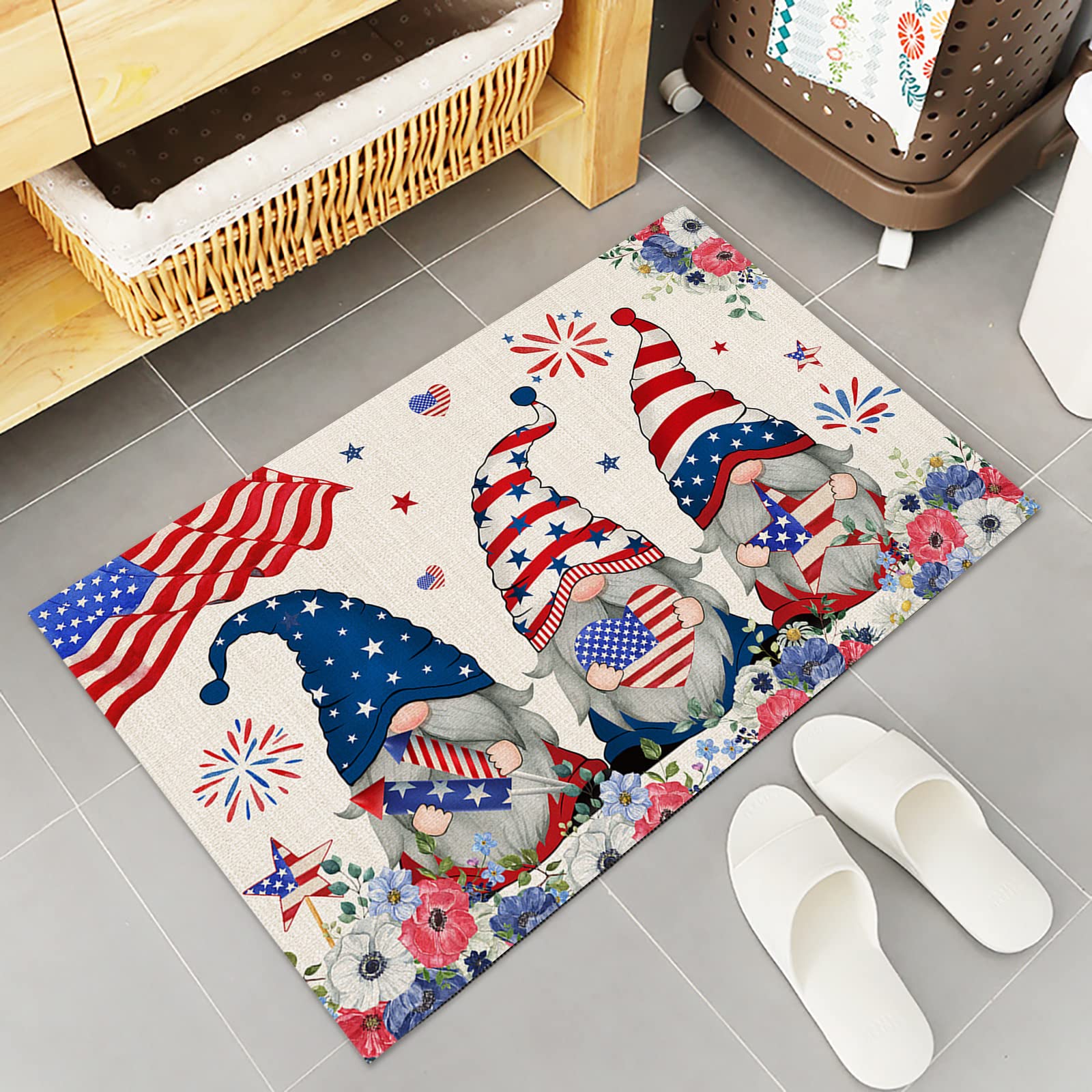 CHARMHOME 2 Pieces Kitchen Rugs and Mats Set Independence Day Cute Gnome Celebrate 4th of July Non-Slip Kitchen Mat Washable Doormat Runner Set(15.7"x23.6"+15.7"x47.2")