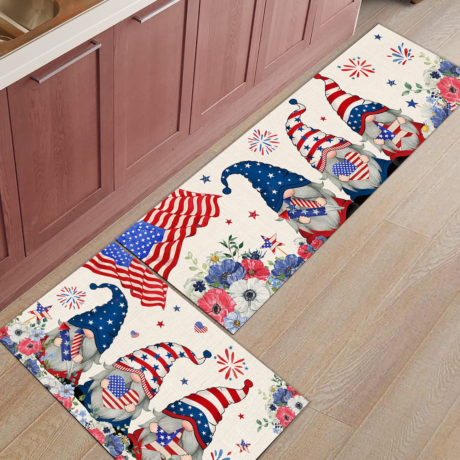 CHARMHOME 2 Pieces Kitchen Rugs and Mats Set Independence Day Cute Gnome Celebrate 4th of July Non-Slip Kitchen Mat Washable Doormat Runner Set(15.7"x23.6"+15.7"x47.2")