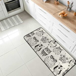 Black and White Kawaii Cartoon Cute Animals Owls Kitchen Rugs and Mats Machine Washable Area Rugs Non Slip Rug Absorbent Mat Carpets for Floor, Kitchen, Bathroom, Sink, Office, Laundry.