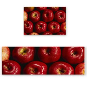 kitchen rugs set of 2, red apple with water drop kitchen mats rugs non skid washable anti fatiguee, food water absorption doormat carpet for bedroom/bathroom/living room, 15.7x23.6in+15.7x47.2in