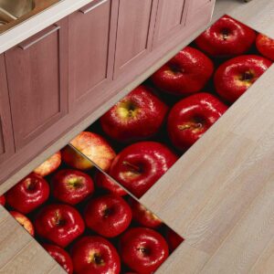 Kitchen Rugs Set of 2, Red Apple with Water Drop Kitchen Mats Rugs Non Skid Washable Anti Fatiguee, Food Water Absorption Doormat Carpet for Bedroom/Bathroom/Living Room, 15.7x23.6in+15.7x47.2in