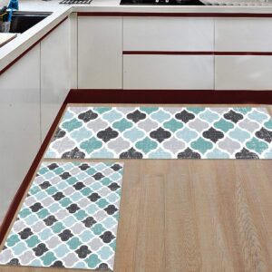 kitchen mat 2pcs moroccan tile print geometry lattice teal blue grey kitchen rugs kitchen organization, anti-fatigue kitchen floor mats non-slip kitchen decor runner rug room decor standing desk mats