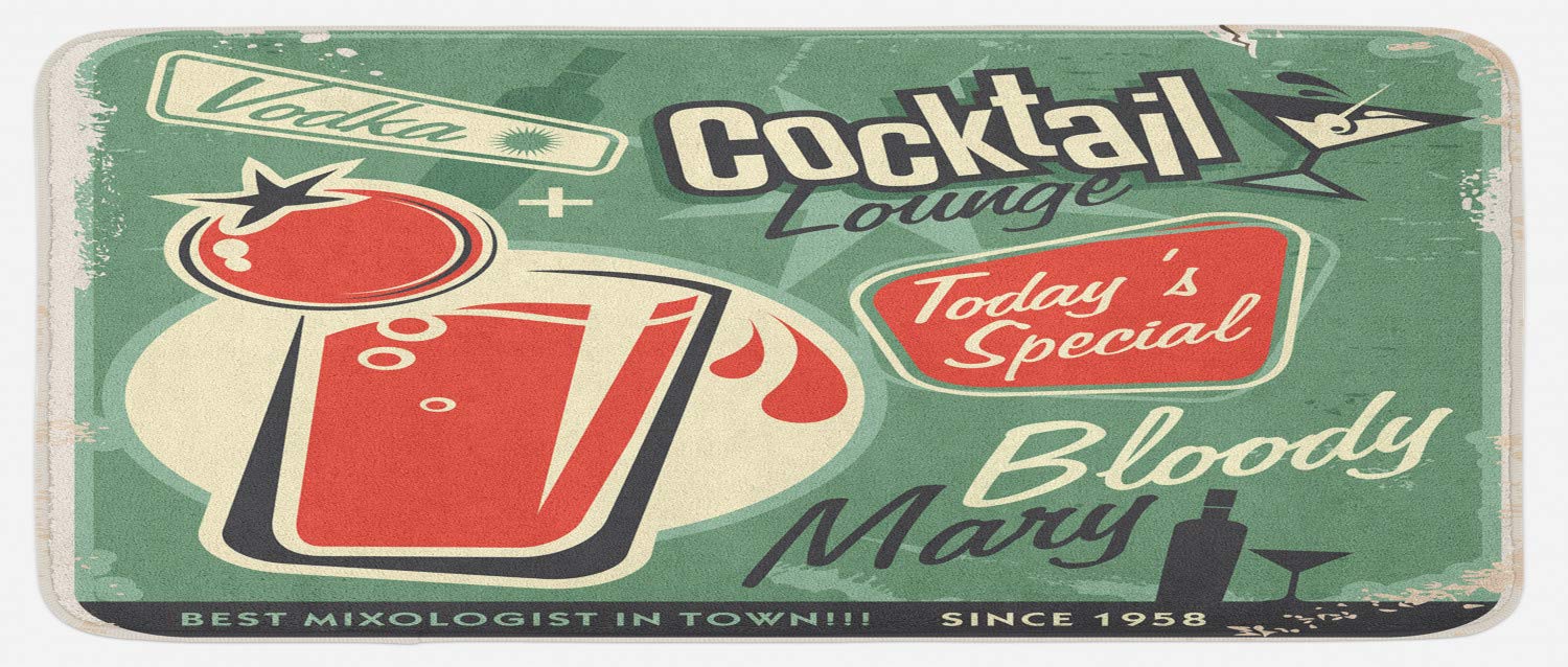 Ambesonne Retro Kitchen Mat, Nostalgic Poster Bar Art for Today's Special Famous Cocktail Bloody Drink and Vodka, Plush Decorative Kitchen Mat with Non Slip Backing, 47" X 19", Green Red