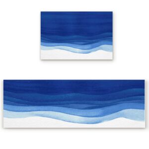 2 pieces kitchen rugs and mats watercolor royal blue gradient area runner rug set non slip floor doormat washable carpet standing mat for kitchen sink indoor corridor modern abstract minimal art