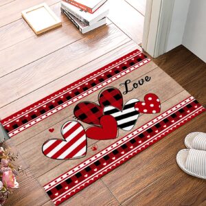 valentine's day indoor doormat bath rugs non slip, washable cover floor rug absorbent carpets floor mat home decor for kitchen bedroom love heart red black plaid retro wood grain (16x24)