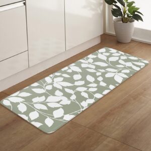 sage green kitchen bath shower door welcome mat for bedroom/living/laundry room, washable bathroom bathtub runner rug, abstract modern minimalist geometric leaves indoor outdoor throw doormat, 24"x71"