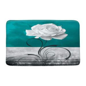 rose bath mat white rose on teal gray background modern creative bathroom decor rug non slip absorbent doormat kitchen toilet floor rug,18" x 30"