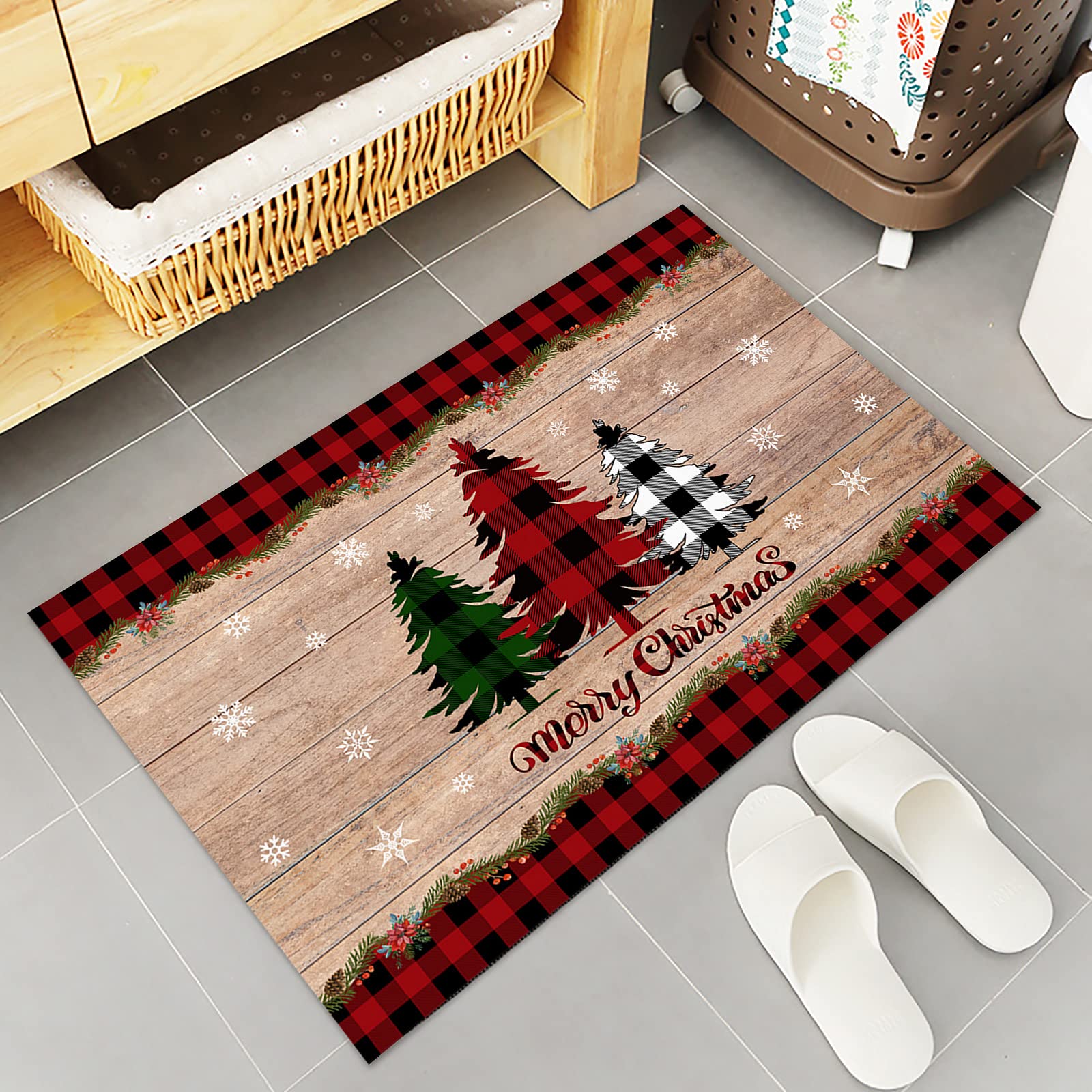 Merry Chirstmas Kitchen Rugs Sets 2 Piece Floor Mats Buffalo Plaid Farm Xmas Tree Snowflake Pine Tree Doormat Non-Slip Backing Area Rugs Carpet Inside Door Mat Pad Sets-19.7" x 31.5"+19.7" x 47.2"