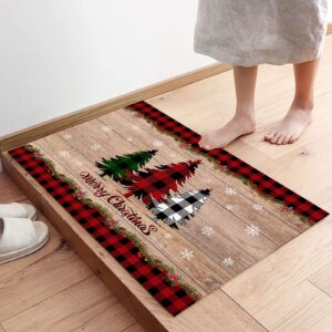 Merry Chirstmas Kitchen Rugs Sets 2 Piece Floor Mats Buffalo Plaid Farm Xmas Tree Snowflake Pine Tree Doormat Non-Slip Backing Area Rugs Carpet Inside Door Mat Pad Sets-19.7" x 31.5"+19.7" x 47.2"