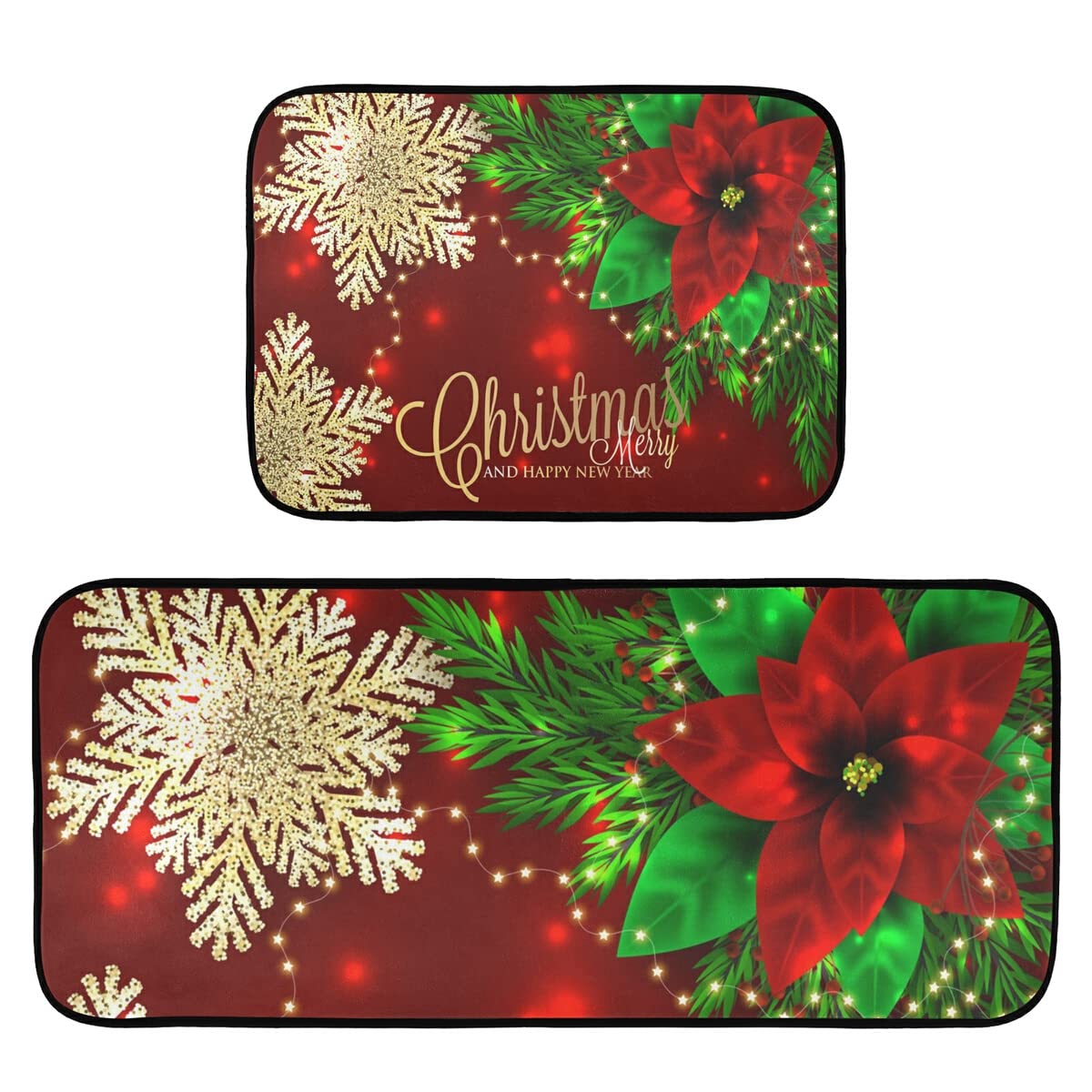 ALAZA Christmas Kitchen Rug and Mat, Kitchen Rug Mat 2 Set for Floor Christmas Poinsettia and Snowflakes (1)