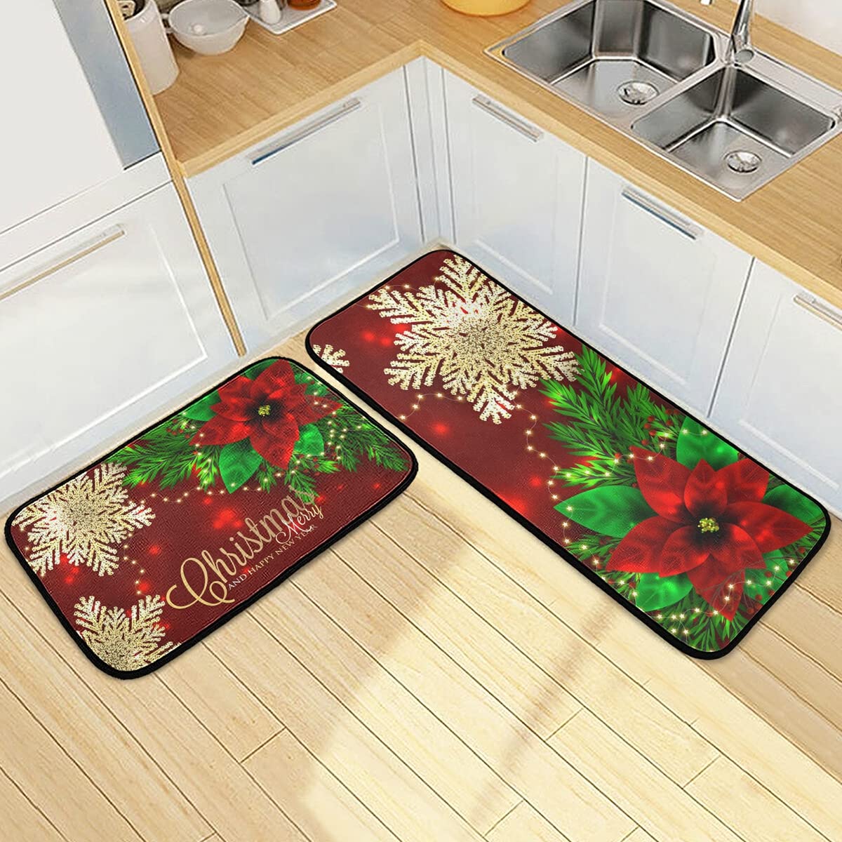 ALAZA Christmas Kitchen Rug and Mat, Kitchen Rug Mat 2 Set for Floor Christmas Poinsettia and Snowflakes (1)