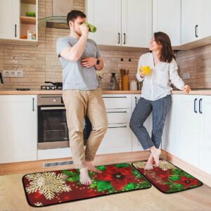 ALAZA Christmas Kitchen Rug and Mat, Kitchen Rug Mat 2 Set for Floor Christmas Poinsettia and Snowflakes (1)