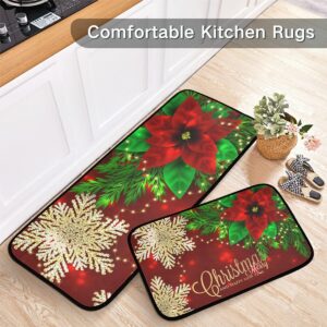 ALAZA Christmas Kitchen Rug and Mat, Kitchen Rug Mat 2 Set for Floor Christmas Poinsettia and Snowflakes (1)