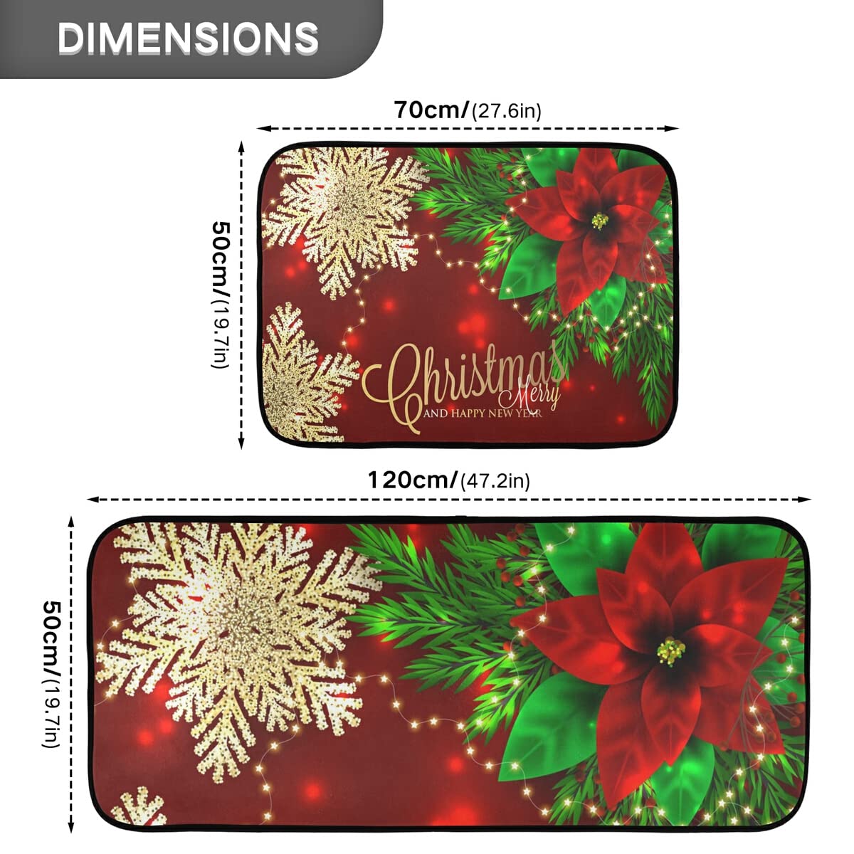 ALAZA Christmas Kitchen Rug and Mat, Kitchen Rug Mat 2 Set for Floor Christmas Poinsettia and Snowflakes (1)