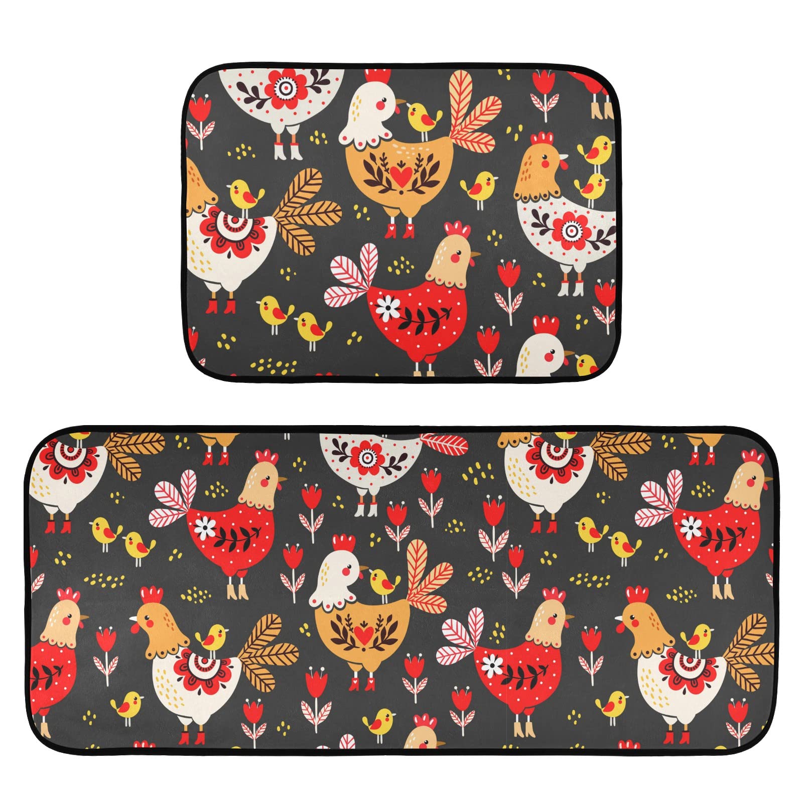 Emelivor Rooster Chickens Animal Kitchen Mat Set of 2 Anti-Fatigue Kitchen Rug Set Non Slip Cushioned Heavy Duty Foam Kitchen Runner Rugs and Mats Comfort Standing Mat for Farmhouse Doormat Laundry