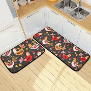 Emelivor Rooster Chickens Animal Kitchen Mat Set of 2 Anti-Fatigue Kitchen Rug Set Non Slip Cushioned Heavy Duty Foam Kitchen Runner Rugs and Mats Comfort Standing Mat for Farmhouse Doormat Laundry