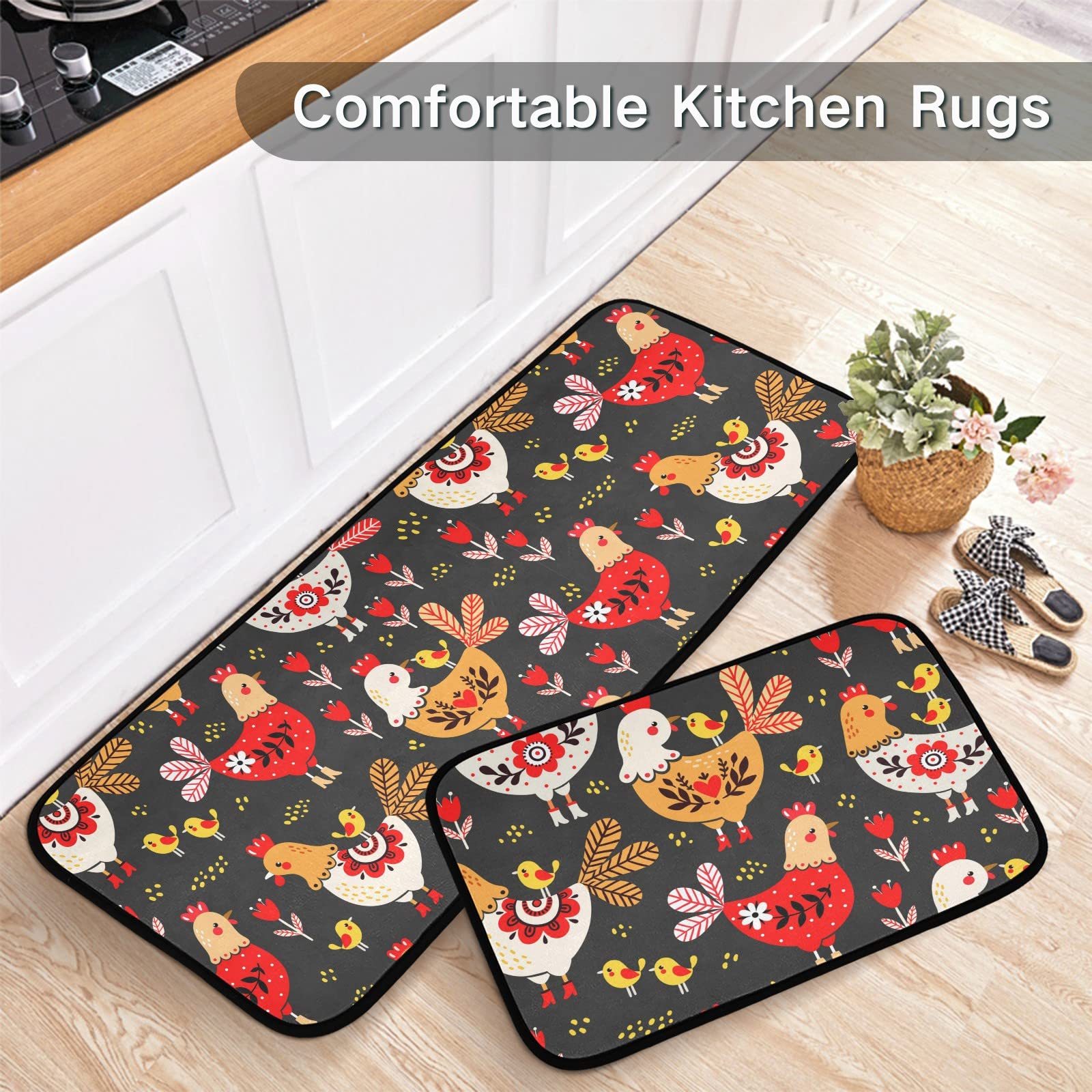 Emelivor Rooster Chickens Animal Kitchen Mat Set of 2 Anti-Fatigue Kitchen Rug Set Non Slip Cushioned Heavy Duty Foam Kitchen Runner Rugs and Mats Comfort Standing Mat for Farmhouse Doormat Laundry