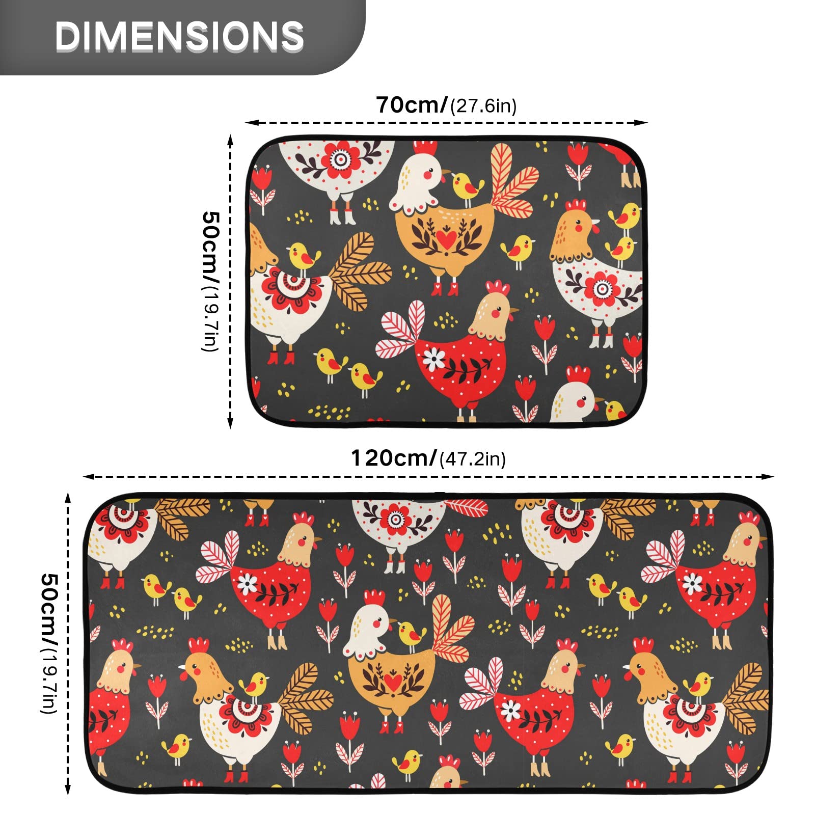 Emelivor Rooster Chickens Animal Kitchen Mat Set of 2 Anti-Fatigue Kitchen Rug Set Non Slip Cushioned Heavy Duty Foam Kitchen Runner Rugs and Mats Comfort Standing Mat for Farmhouse Doormat Laundry