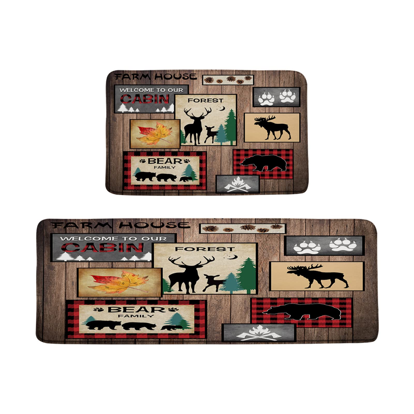 2Pcs Cabin Bear Deer Kitchen Rug Sets Rustic Farmhouse Buffalo Plaid Moose Wildlife Hunting Retro Wooden Board Soft Non-Slip Mat Absorbent Carpet Bath Rugs Floor Decor 17.7”x29.5”+15.7”x47.2”