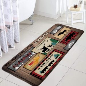 2Pcs Cabin Bear Deer Kitchen Rug Sets Rustic Farmhouse Buffalo Plaid Moose Wildlife Hunting Retro Wooden Board Soft Non-Slip Mat Absorbent Carpet Bath Rugs Floor Decor 17.7”x29.5”+15.7”x47.2”