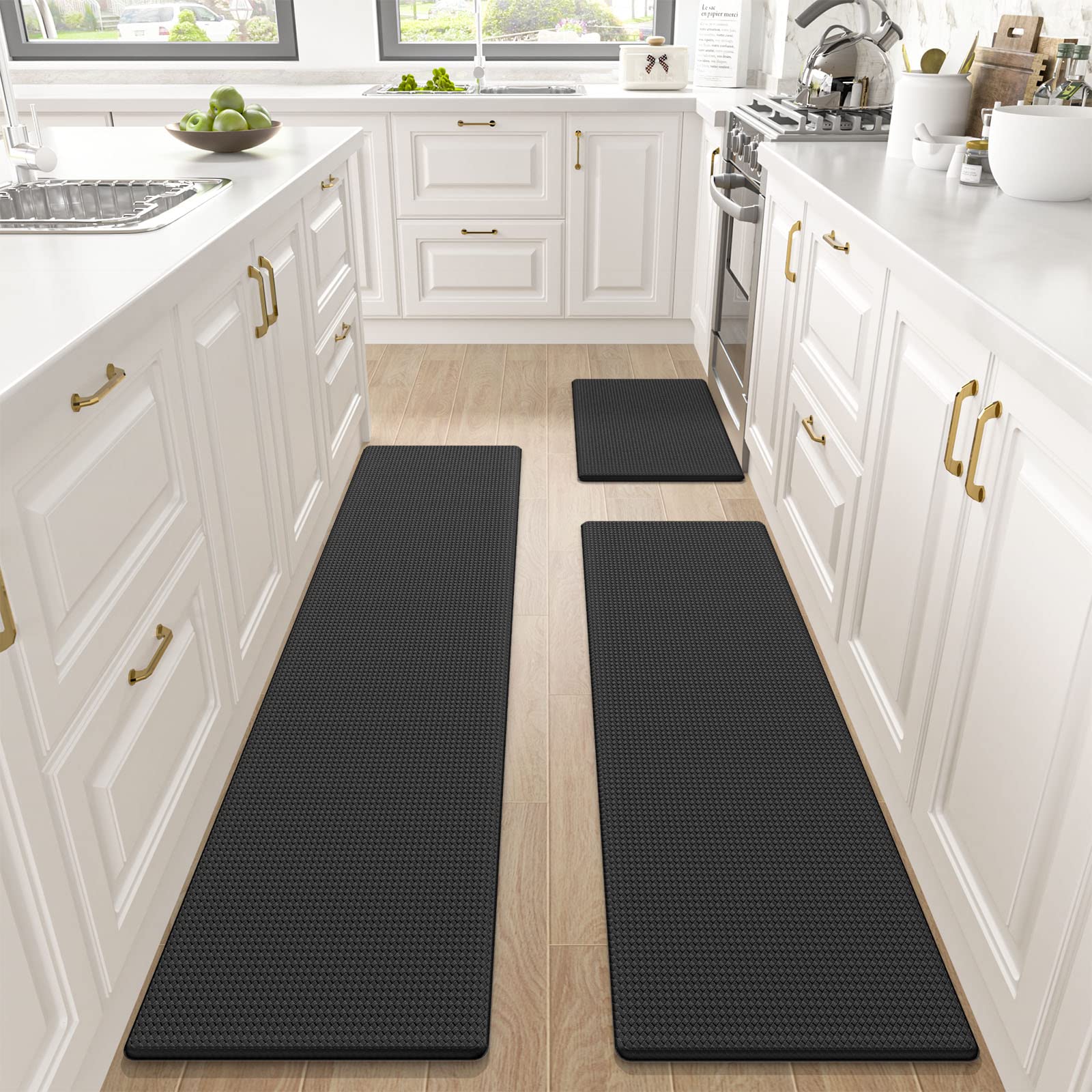 DEXI Kitchen Rugs and Mats Cushioned Anti Fatigue Comfort Runner Mats for Floor Rugs Waterproof Standing Rugs Set of 3,17"x29"+17"x59"+17"x79" Black