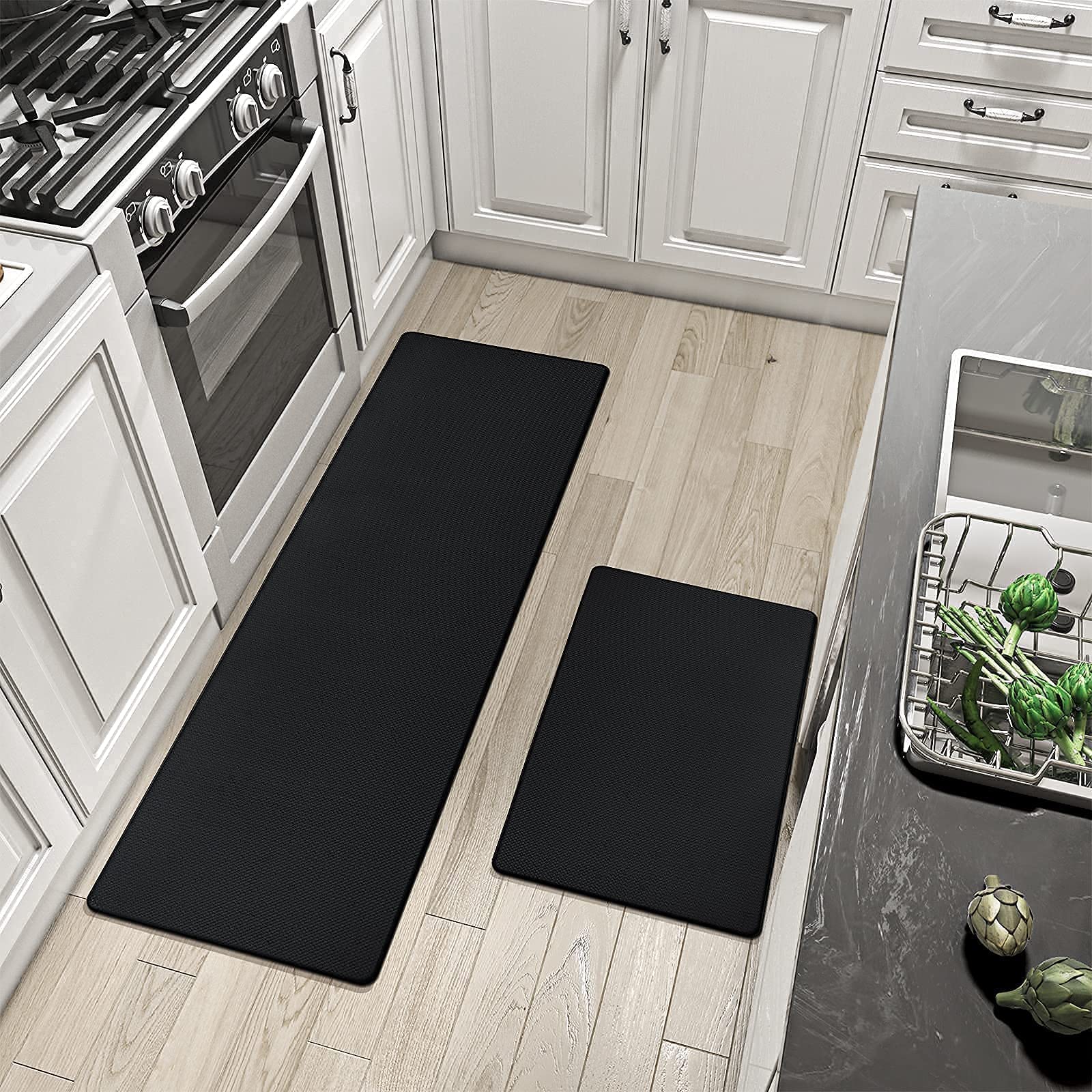 DEXI Kitchen Rugs and Mats Cushioned Anti Fatigue Comfort Runner Mats for Floor Rugs Waterproof Standing Rugs Set of 3,17"x29"+17"x59"+17"x79" Black