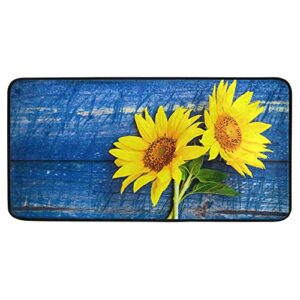 oreayn yellow sunflower floral kitchen mat bath door sink floor mat soft absorbent non slip rug for bathroom bedroom living room home decor 39 x 20 inches, navy blue wooden