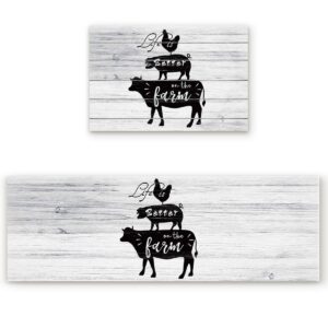 Rooster Pig Cow Kitchen Rug Sets of 2, Washable Carpet for Kitchen Floor, Non-Slip Kitchen Mat Set, Absorbent Area Rugs 15.7x23.6inch+15.7x47.2inch, Farm Animals Life Is Better on the Farm on Wooden