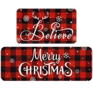 aspmiz 2 pcs christmas buffalo plaid kitchen rugs and mats set, absorbent winter snowflake kitchen mat cushioned anti fatigue, xmas decorative area rug set of 2 washable, 17'' x 47'' + 17'' x 30''