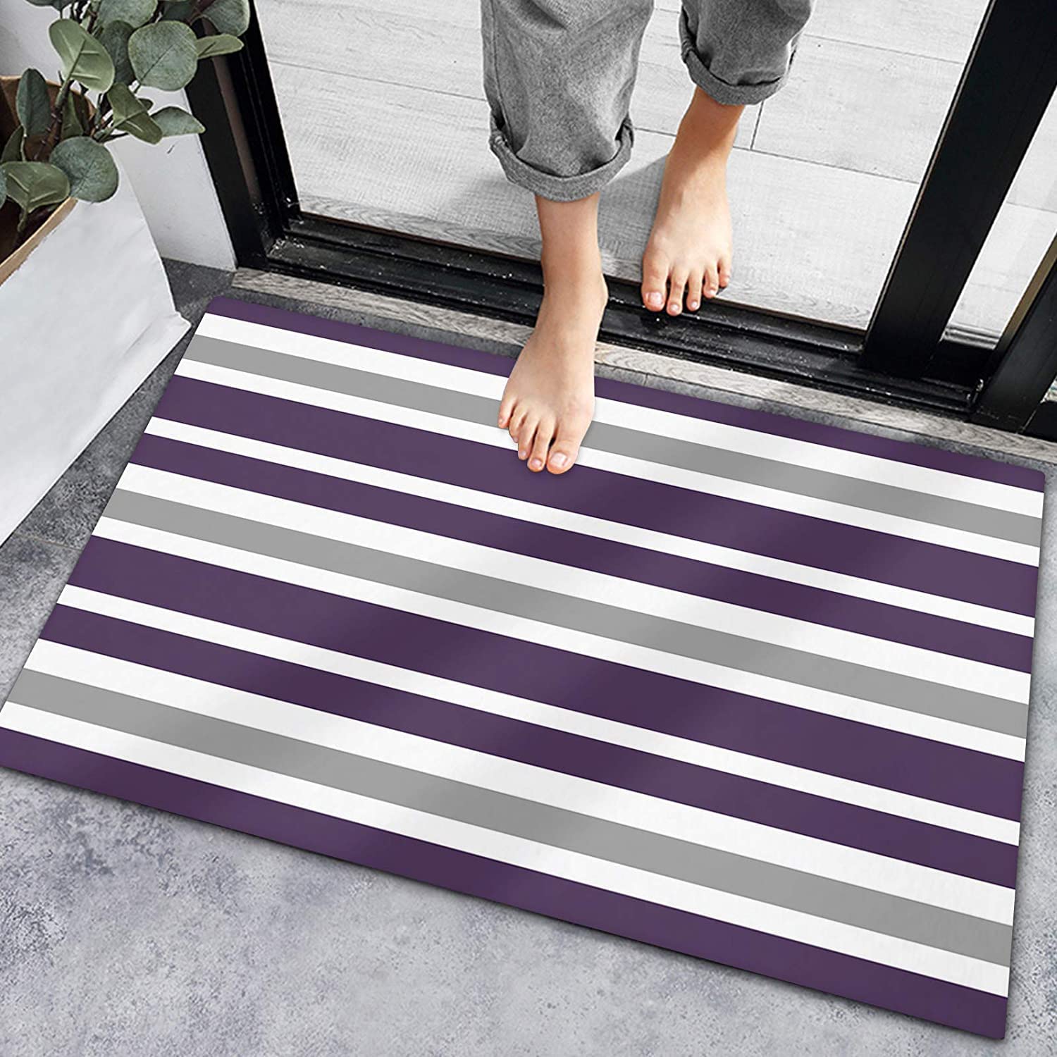 Purple Gray and White Stripes Bathroom Rugs Soft Bath Rugs Non Slip Washable Cover Floor Rug Absorbent Carpets Floor Mat Home Decor for Kitchen Bedroom Floor Mat 16x24 Inch