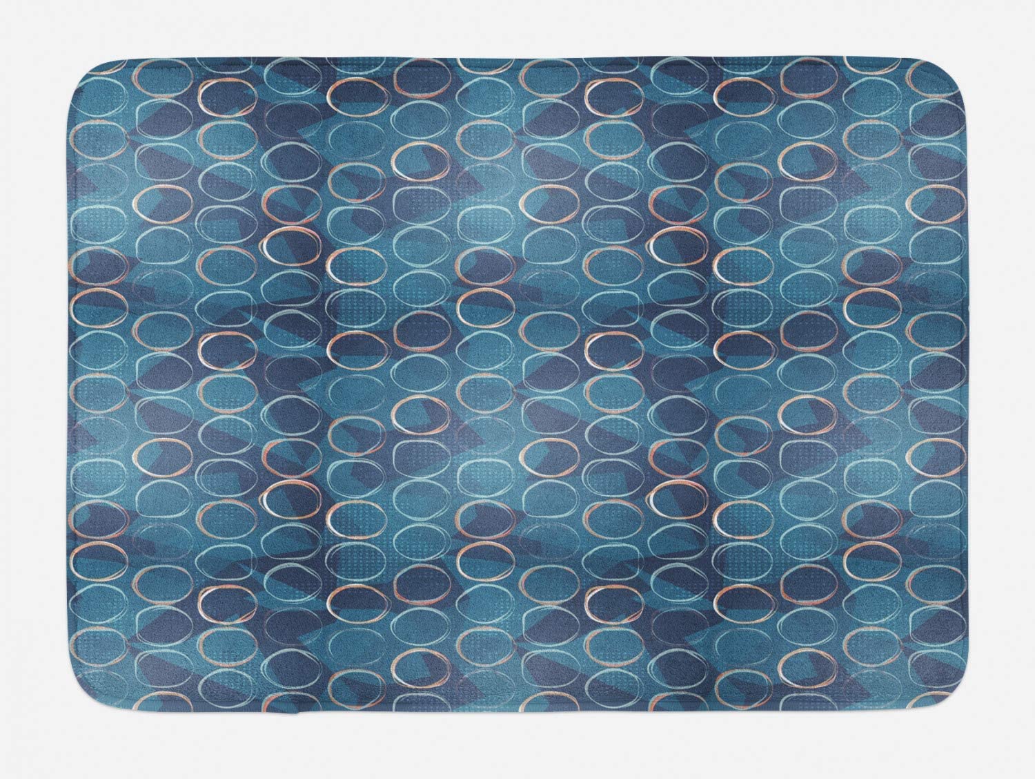 Abstract Bath Mat, Continuous Pattern Circular Shapes and Geometrical Motifs Art Print, Plush Bathroom Decor Mat with Non Slip Backing, 24" X 16", Slate Blue and Multicolor