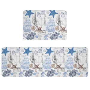 debedcor ocean theme beach kitchen rugs and mats set of 2, coastal starfish non-skid bathroom rugs, nautical seashell rug kitchen runner floor mat for sink/laundry room/office, 15.7"x23.6"+15.7"x47.2"