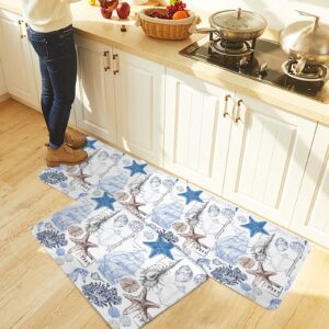 Debedcor Ocean Theme Beach Kitchen Rugs and Mats Set of 2, Coastal Starfish Non-Skid Bathroom Rugs, Nautical Seashell Rug Kitchen Runner Floor Mat for Sink/Laundry Room/Office, 15.7"x23.6"+15.7"x47.2"