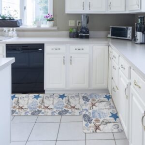 Debedcor Ocean Theme Beach Kitchen Rugs and Mats Set of 2, Coastal Starfish Non-Skid Bathroom Rugs, Nautical Seashell Rug Kitchen Runner Floor Mat for Sink/Laundry Room/Office, 15.7"x23.6"+15.7"x47.2"