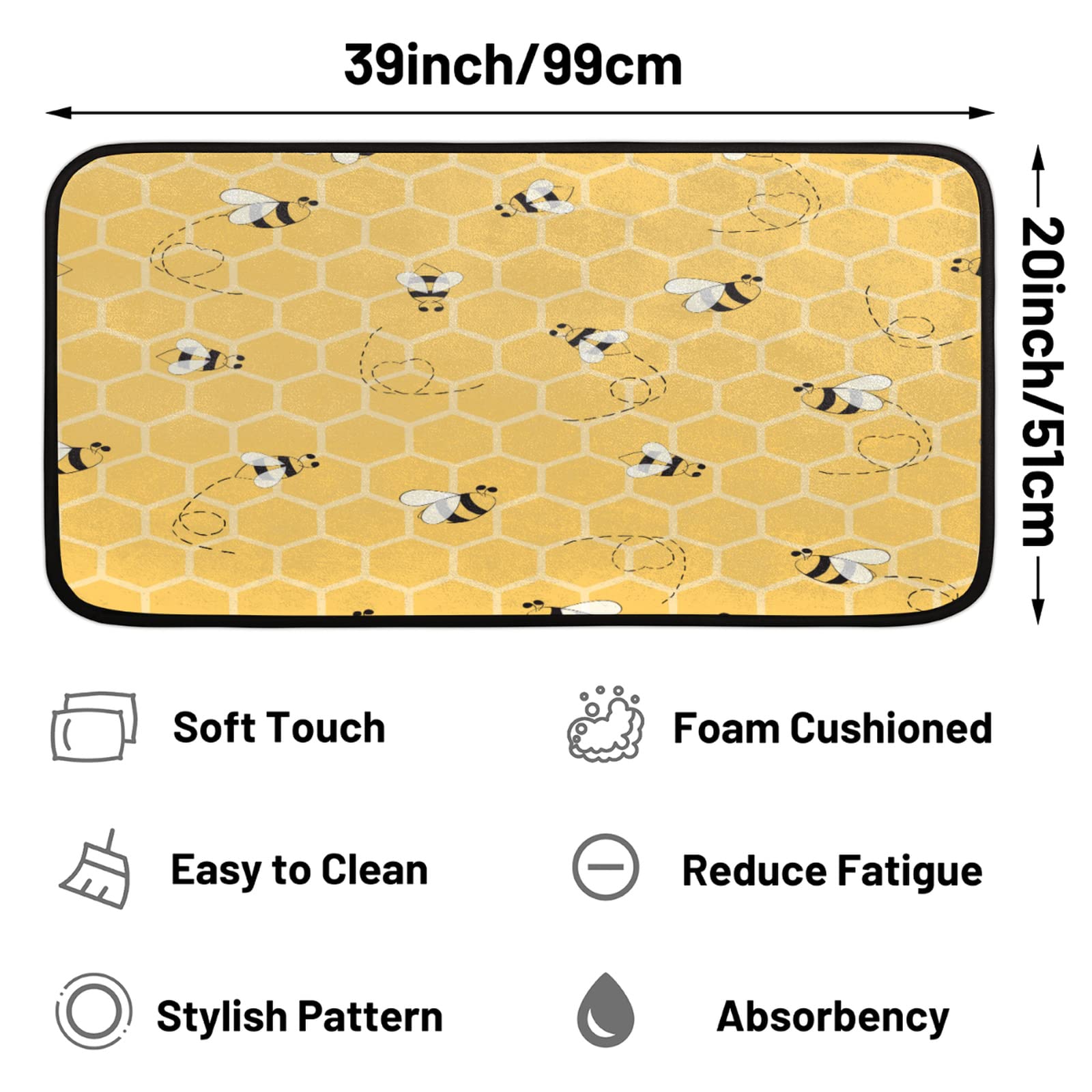 TropicalLife Honey Bees Kitchen Rug, Kitchen Mat 39" x 20" Non-Slip Cushioned Anti-Fatigue Floor Mat Washable Waterproof Bathroom Mat Doormat for Kitchen Floor Sink Laundry