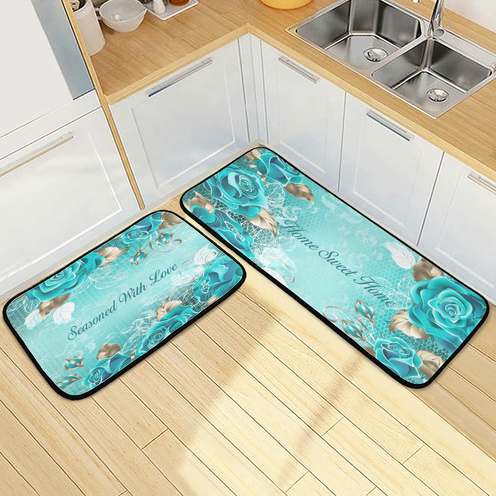 Turquoise Kitchen Rugs and Mats 2 Piece Non Slip Washable Teal Runner Rug Set for Floor Rose Kitchen Decor and Accessories Sweet Home Seasoned Love