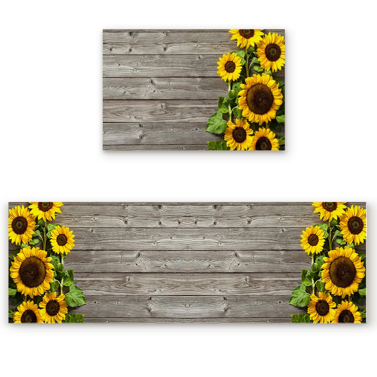 Kitchen Rugs and Mats Non Slip Cushioned Anti Fatigue Machine Washable 2 Pieces Rug Set Kitchen Mats for Floor,Sunflower on Stripe Grey Old Wooden Board (15.7"x23.6"+15.7"x47.2" inches)