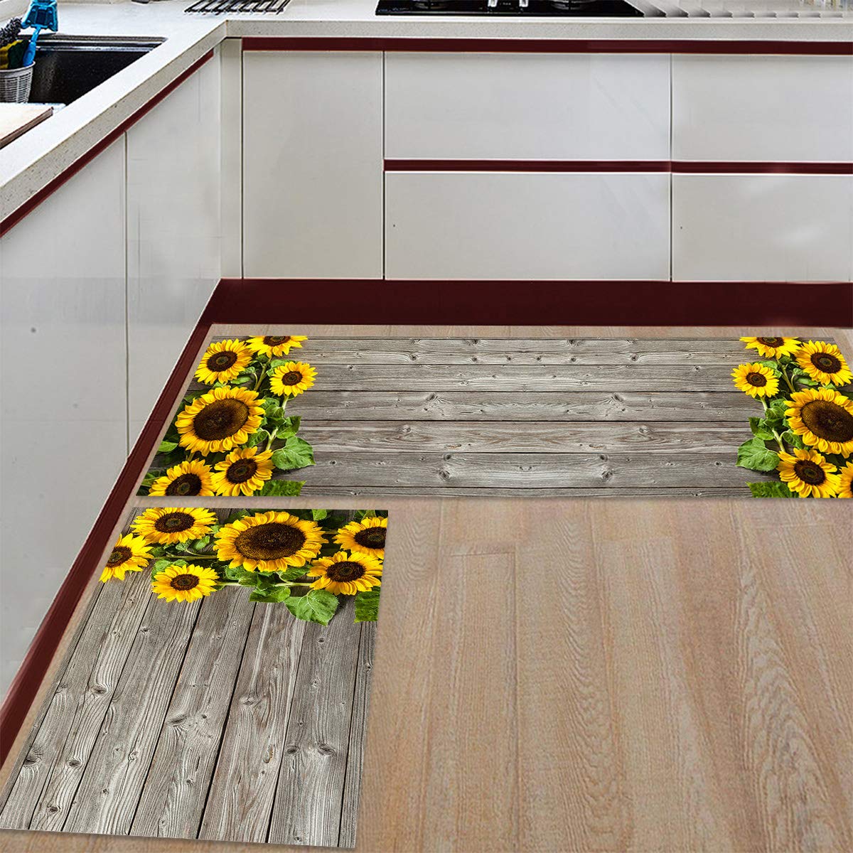 Kitchen Rugs and Mats Non Slip Cushioned Anti Fatigue Machine Washable 2 Pieces Rug Set Kitchen Mats for Floor,Sunflower on Stripe Grey Old Wooden Board (15.7"x23.6"+15.7"x47.2" inches)