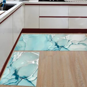 kitchen mat 2pcs marble texture abstract teal white gold glitter splatter kitchen rugs kitchen organization, anti-fatigue kitchen floor mats kitchen decor runner rug room decor standing desk mats